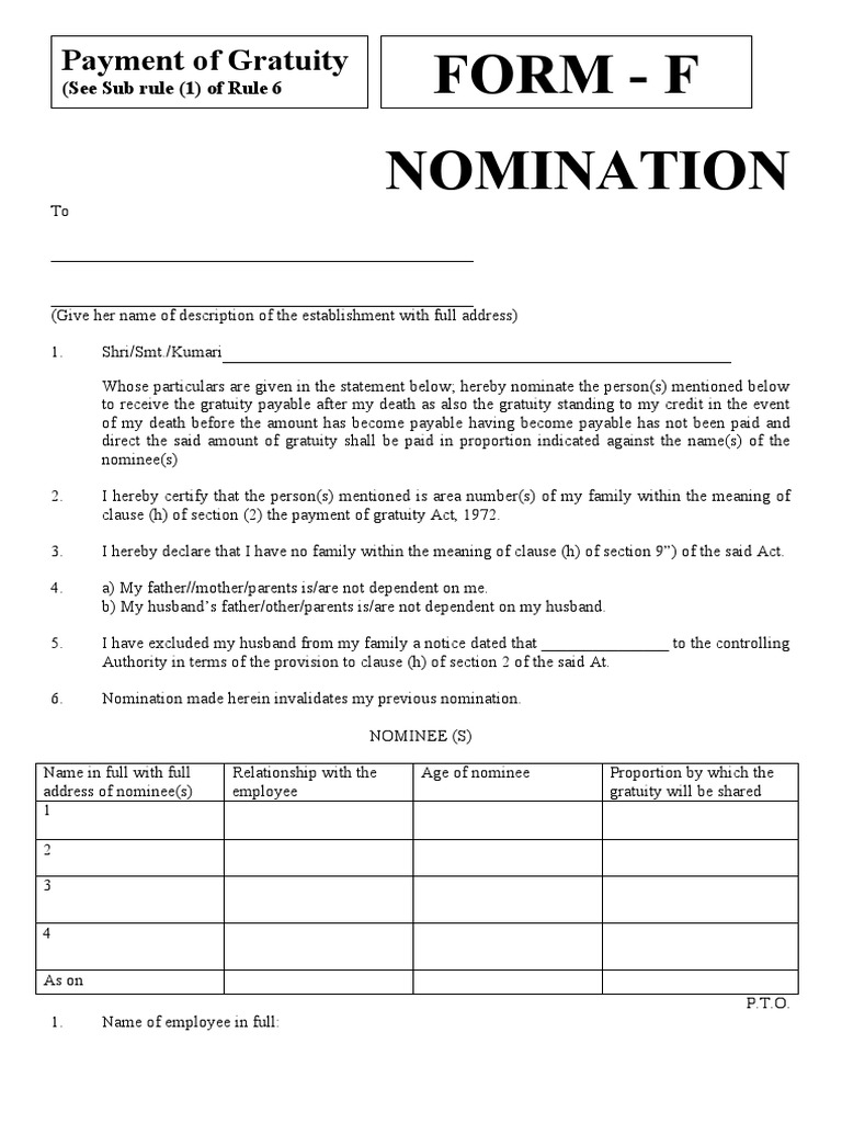 Gratuity Nomination Form F | PDF | Gratuity | Government