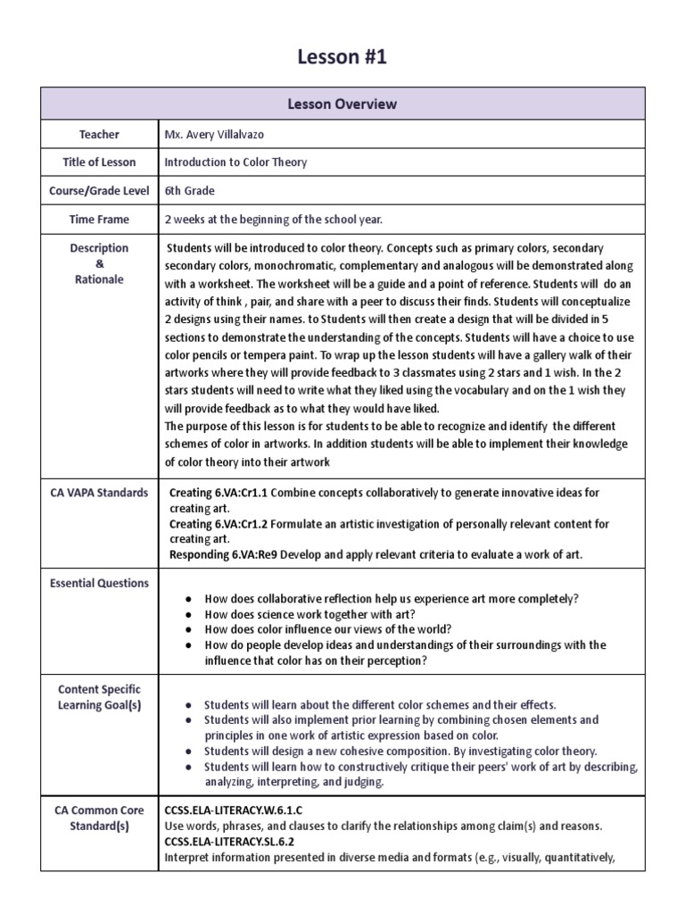 Art Lesson 1 Color Theory | PDF | Educational Assessment | Behavior ...