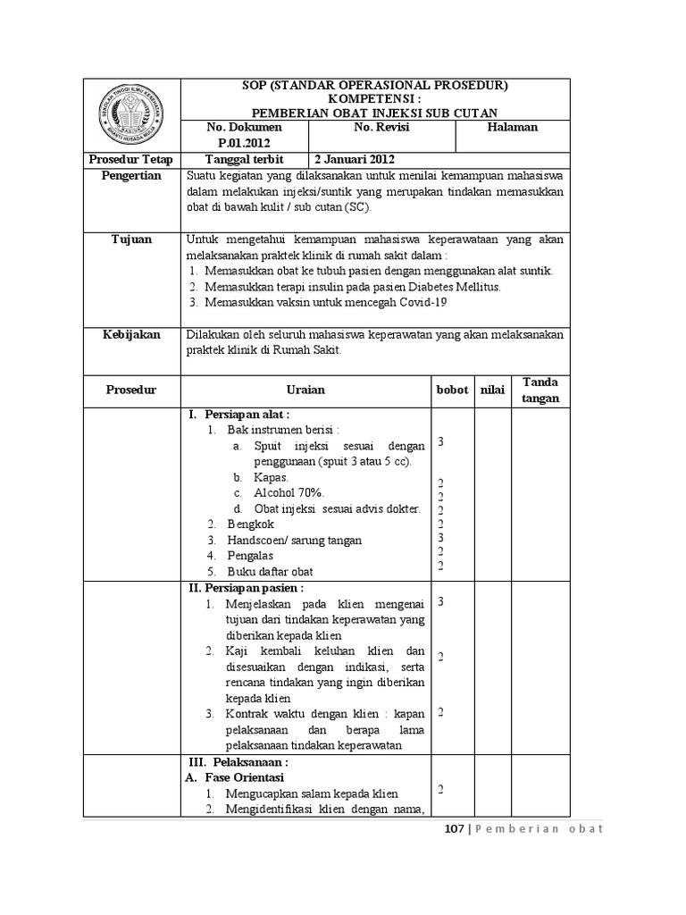 SOP Pemberian Obat Injeksi SC Nilai | PDF