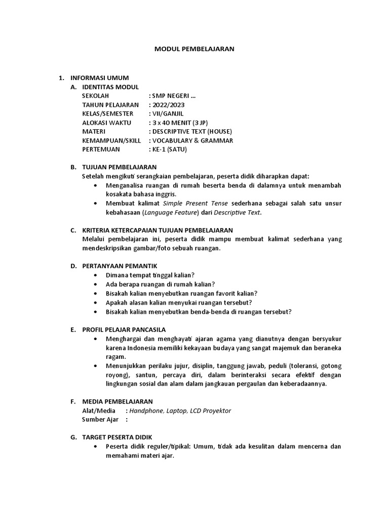 Modul Ajar - Descriptive Text - 3 Kali Pertemuan | PDF