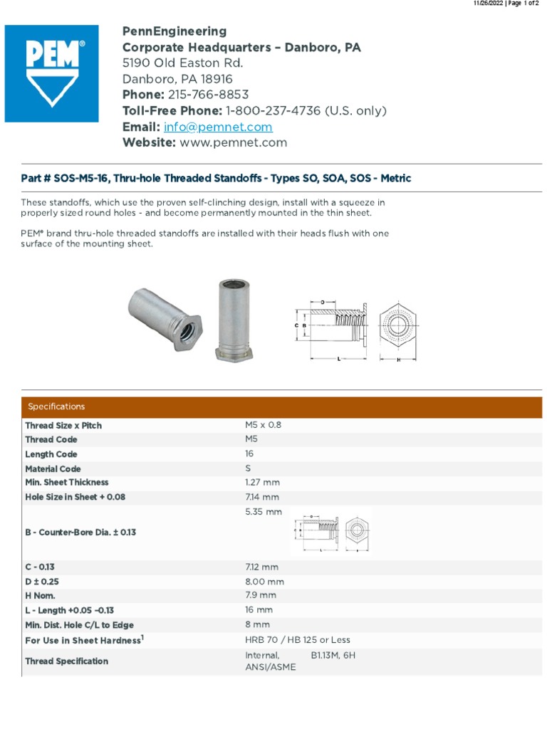 SOS M5 16 Thru holeThreadedStandoffs TypesSO SOA SOS Metric | PDF