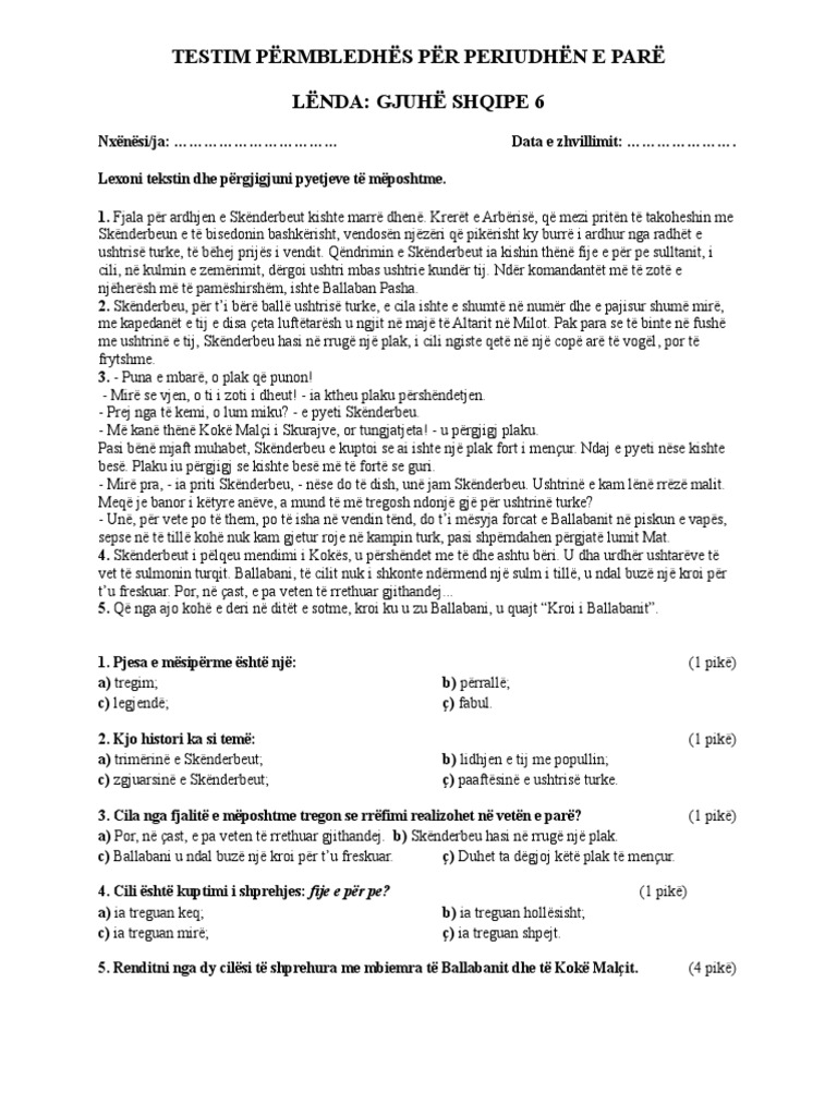 Teste Gjuha Shqipe 6 Periudha 1-3 - PEGI 2021-2022 | PDF