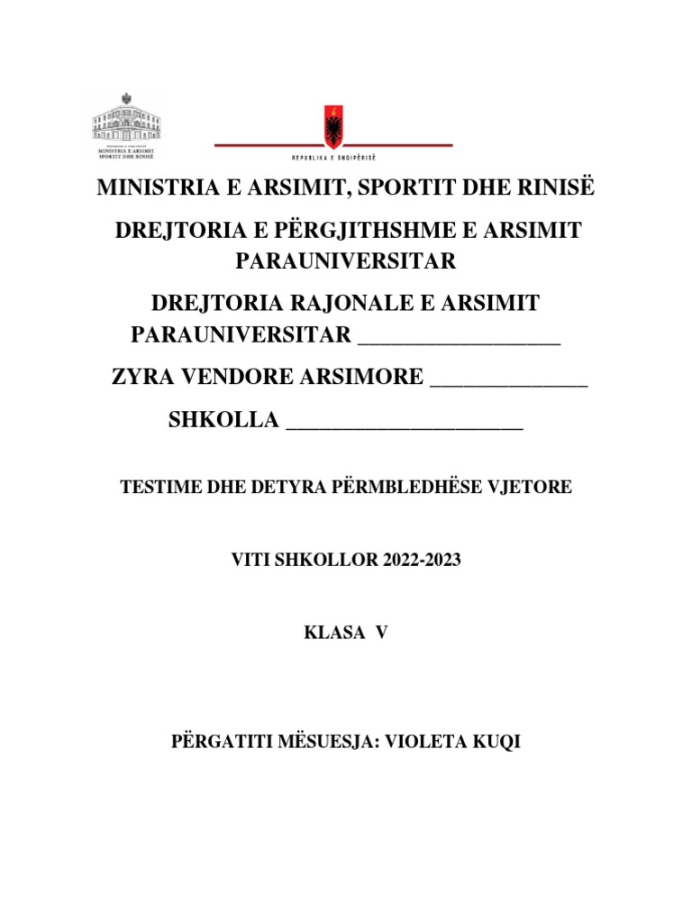 Klasa 5 Testim - Detyra Permbledhese Vjetore 2022-2023 | PDF