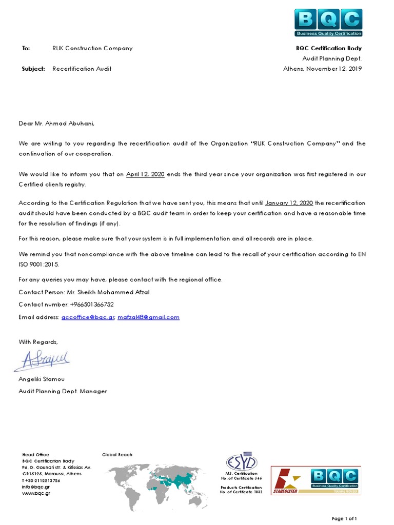 BQC - S936. Recertification Audit Letter | PDF