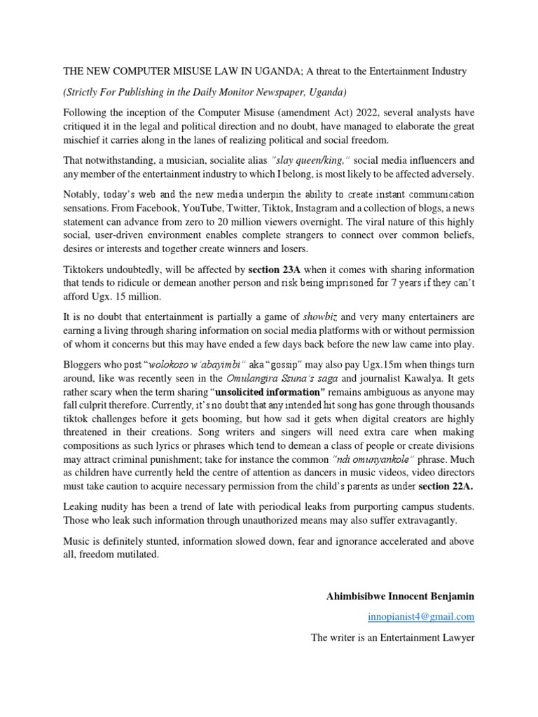 Uganda's Computer Misuse Law Impact on Entertainment | PDF | Social ...