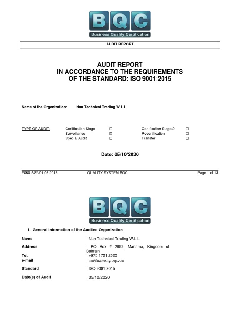F050-2 AUDIT REPORT S1152.S2.9K - Final | PDF | Audit | Quality Management System