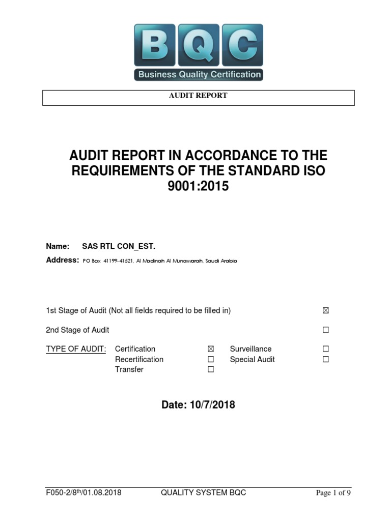 S1248-Audit stage1-SAS RTL CON - EST. | PDF | Audit | Quality Management System