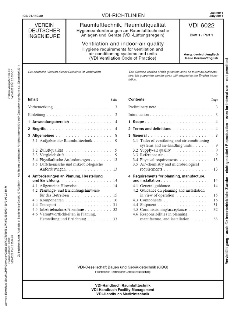 VDI 6022-1 Ventilation Hygiene Requirements | PDF