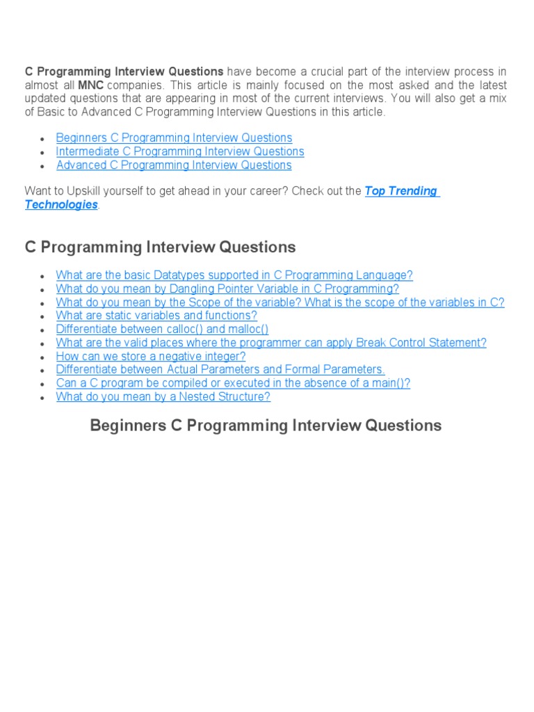 C Programming Interview Questions Edu Pdf Pointer Computer Programming Variable