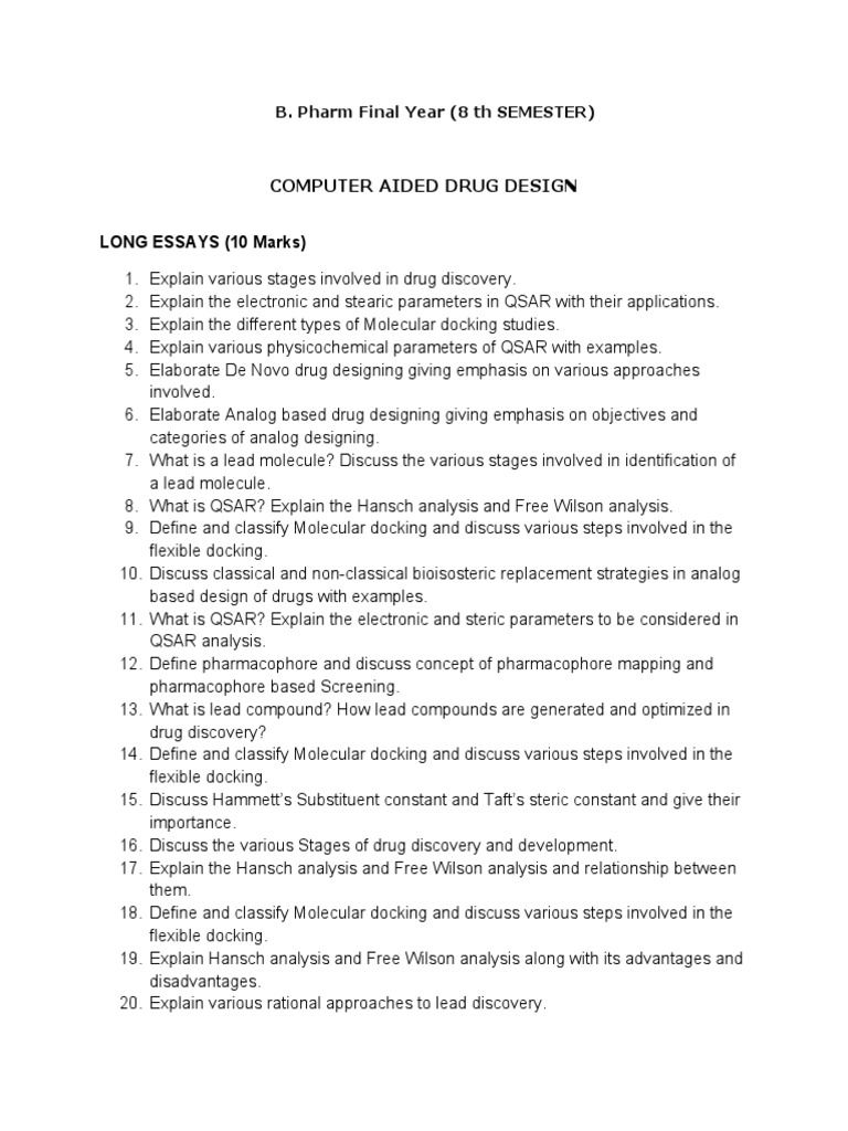Cadd Question Bank 8 Sem | PDF | Drug Design | Quantitative Structure ...