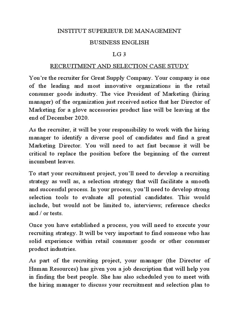 Recruitment and Selection Case Study | PDF | Recruitment | Behavioural ...