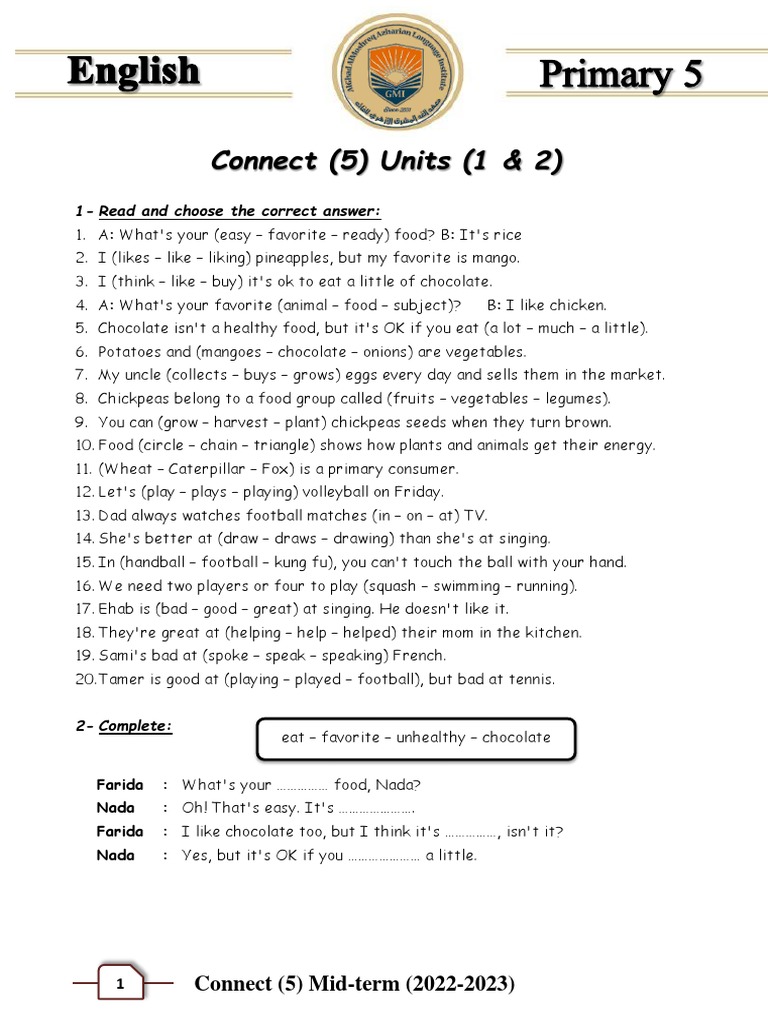 Mid-term English Test for Primary 5 | PDF | Foods | Vegetables