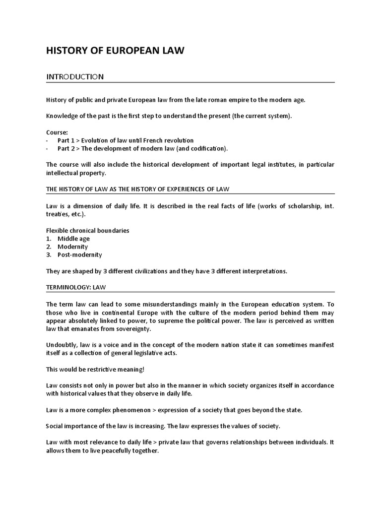 HISTORY OF EUROPEAN LAW (Notes) | PDF | Roman Law | Magna Carta