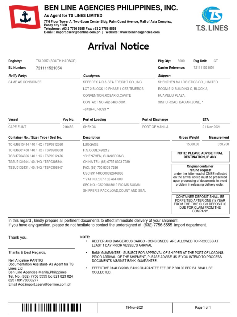 Arrival Notice | PDF | Cargo | Trade