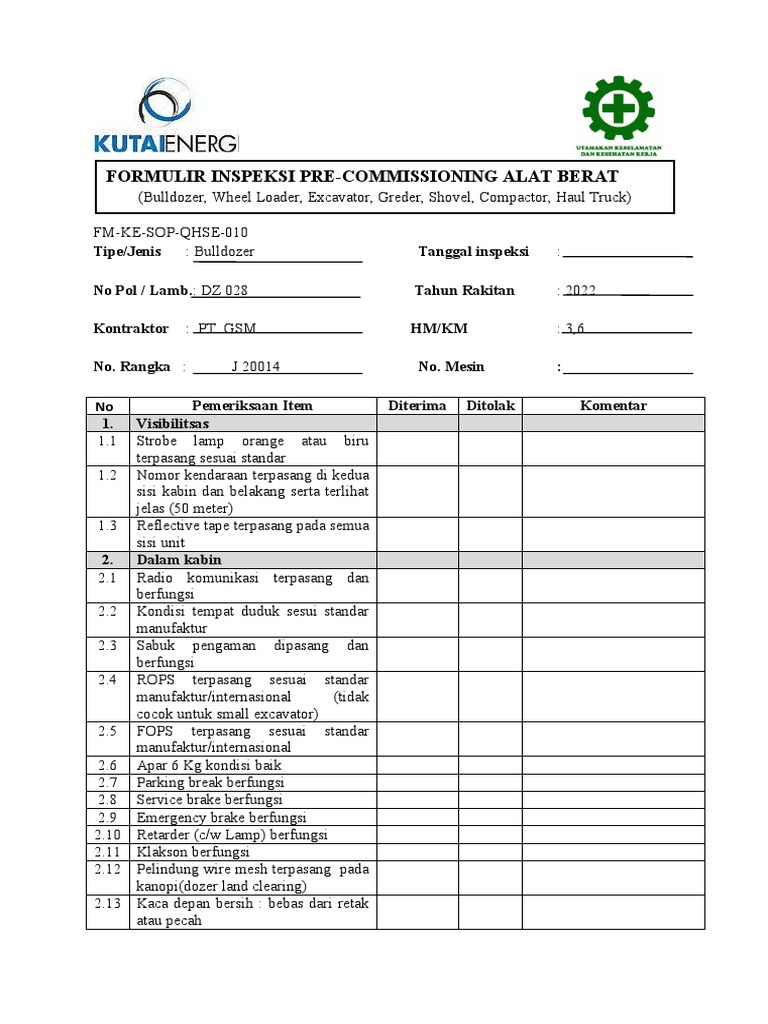 FM-KE-QHSE-010 Form Commisioning A2B | PDF | Teknologi & Rekayasa
