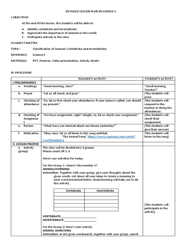 Vertebrates vs. Invertebrates Lesson Plan | PDF | Invertebrate ...