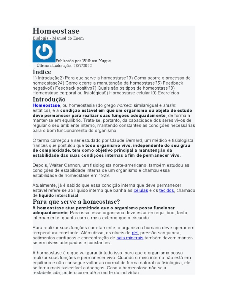 Manutenção do equilíbrio interno: os mecanismos da homeostase | PDF ...