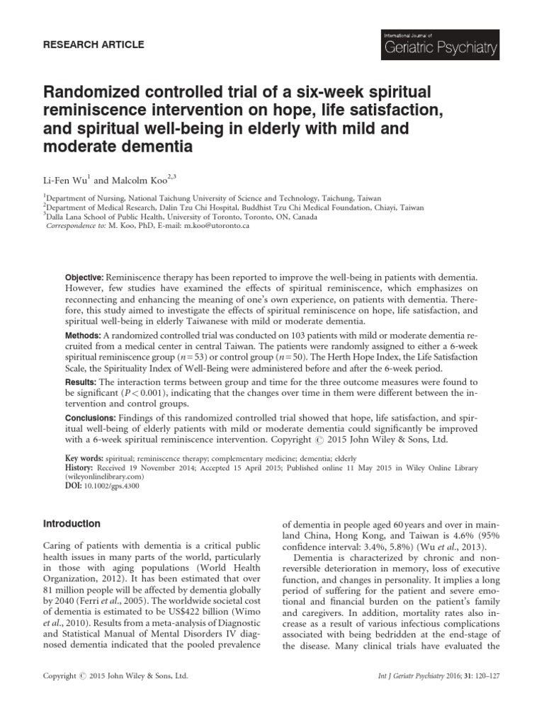 RCT Spiritual Reminiscence | PDF | Dementia | Psychology