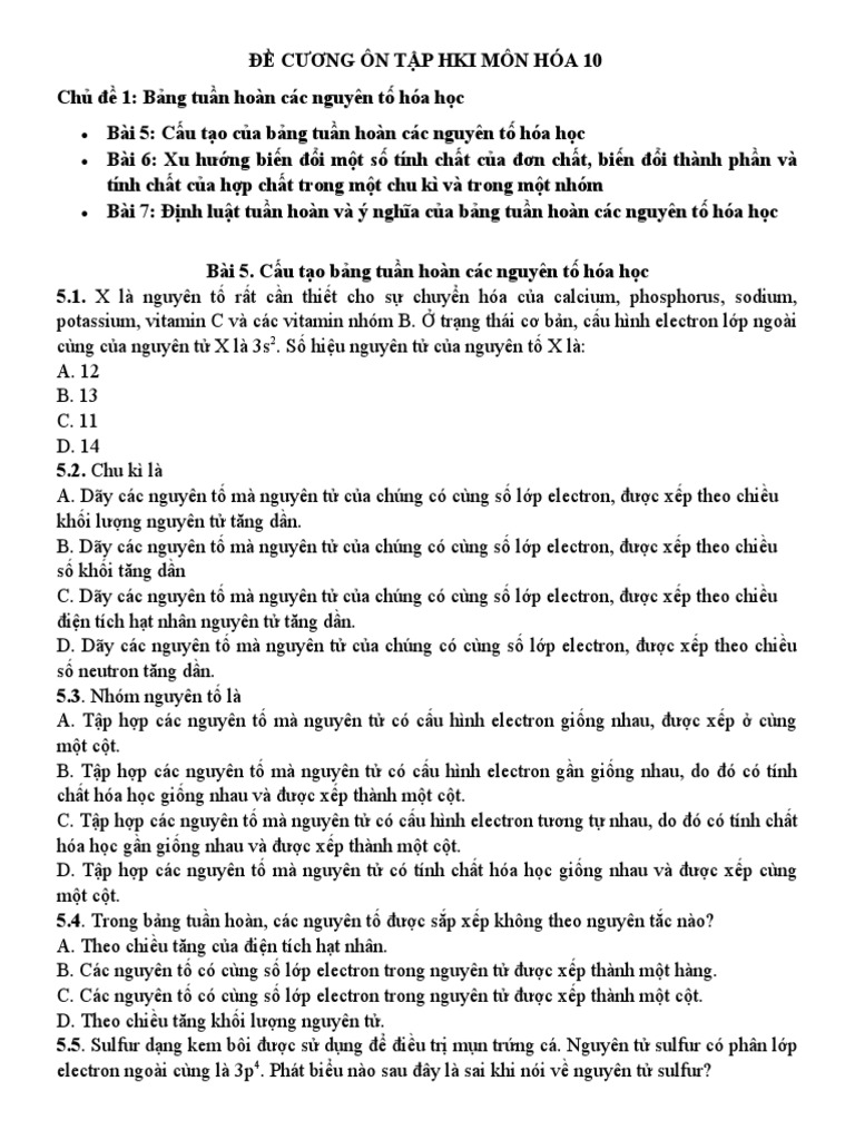 Hóa 10 - Đề Cương Ôn Tập Hk1 | PDF