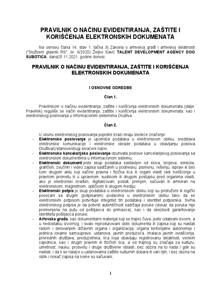 PRAVILNIK O Elektronskom Poslovanju Arhiva, RADNA VERZIJA | PDF