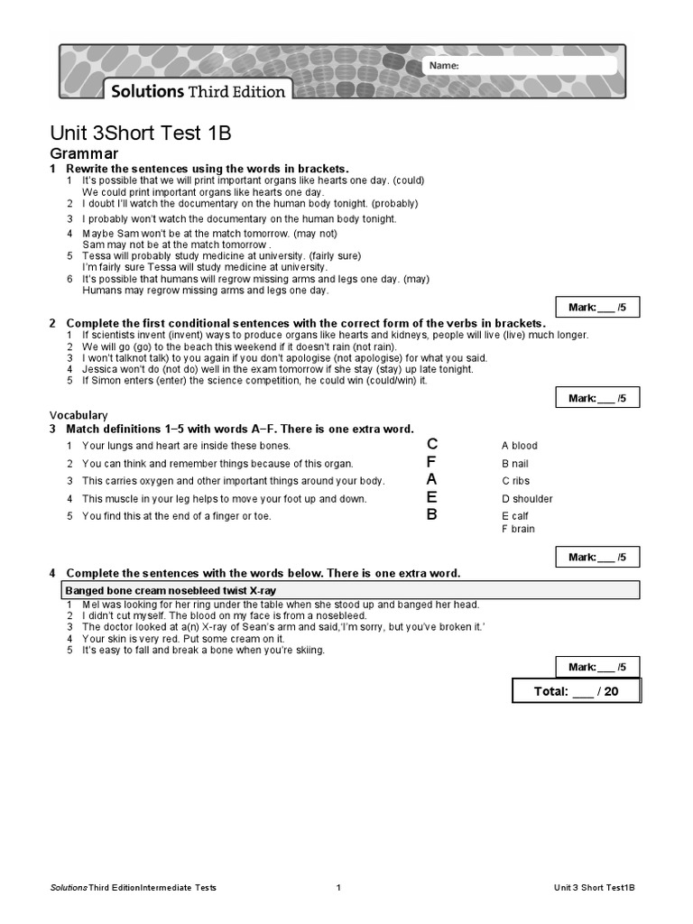 Unit 3 Short Test 1B | PDF | Anatomy