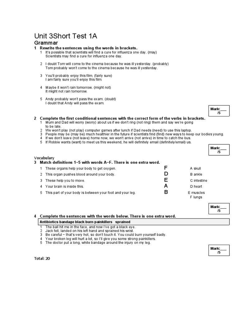 Unit 3 Short Test 1A | PDF