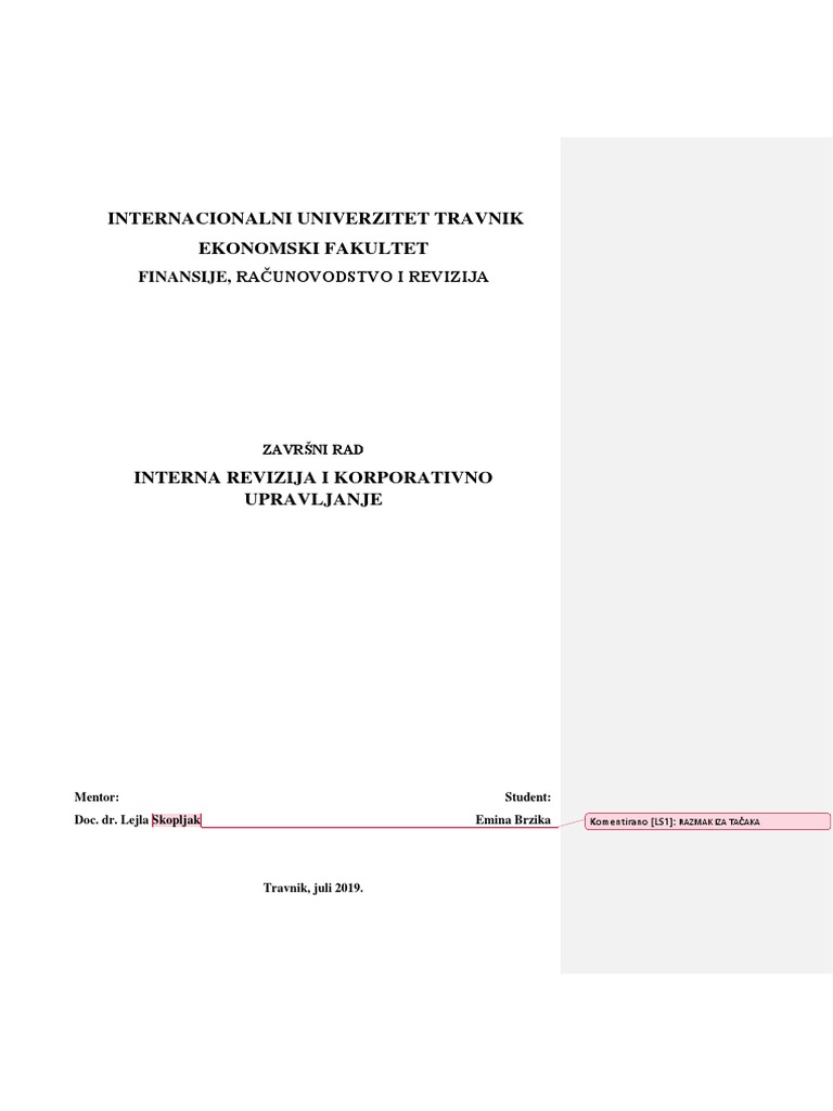 Emina Brzika - ZAVRŠNI RAD INTERNA REVIZIJA I KORPORATIVNO | PDF | Business