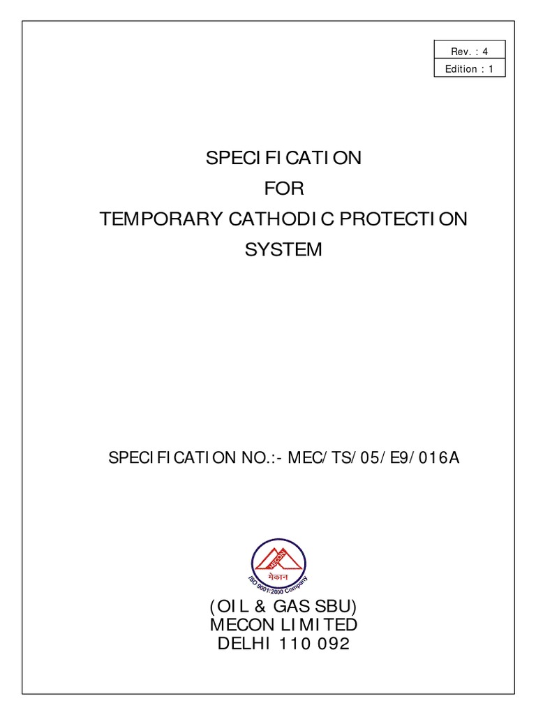 Temporary Cathodic Protection Specification | PDF | Anode | Electricity