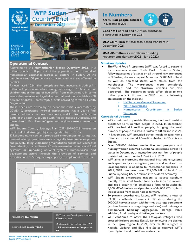 WFP Sudan Country Brief - December 2021 | PDF | World Food Programme ...