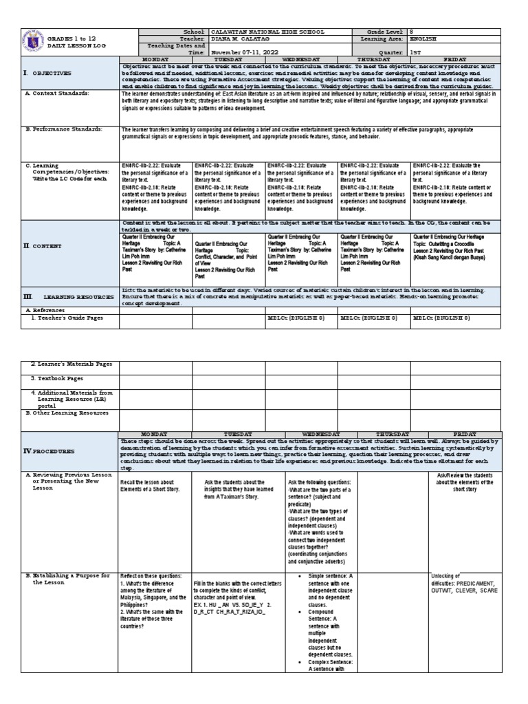 DLL-ENG8-Second Quarter Week 8 - Edited | PDF | Learning | Teaching Method