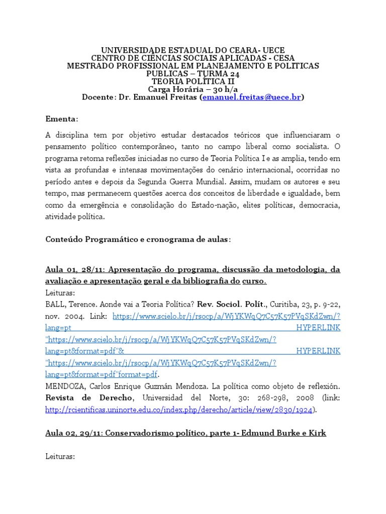 Ementa teoria politica II 2022 | PDF | Conservadorismo | Ciência Política
