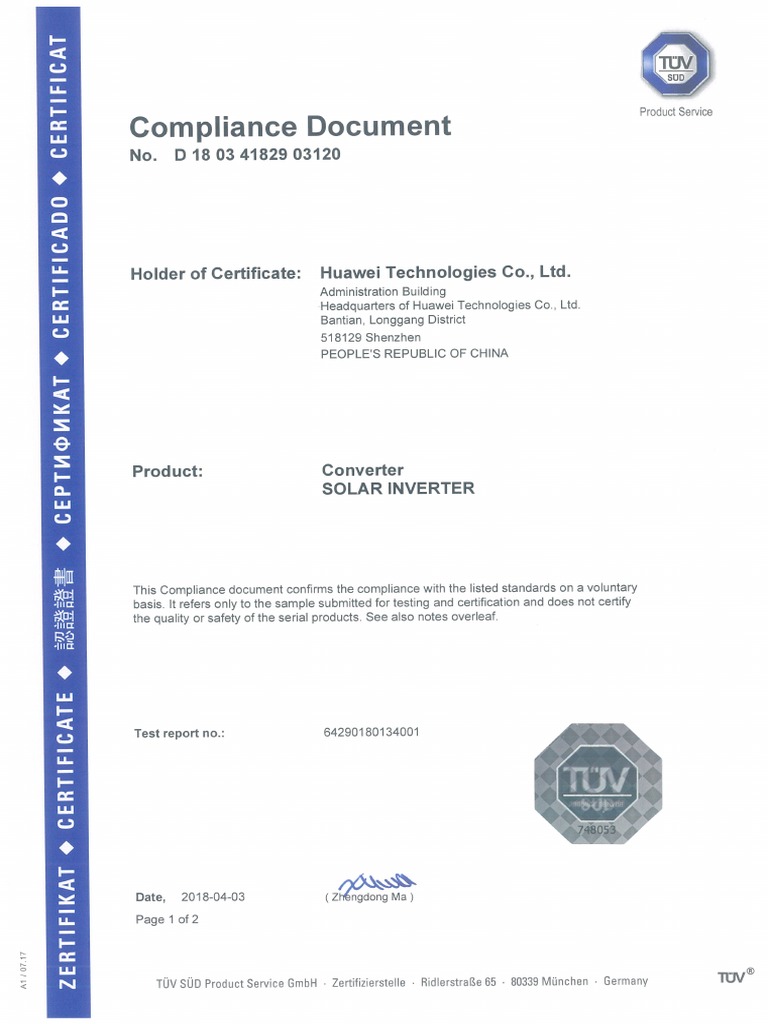 SUN2000-60M0 CEI 0-21 Cert TUV SUD | PDF