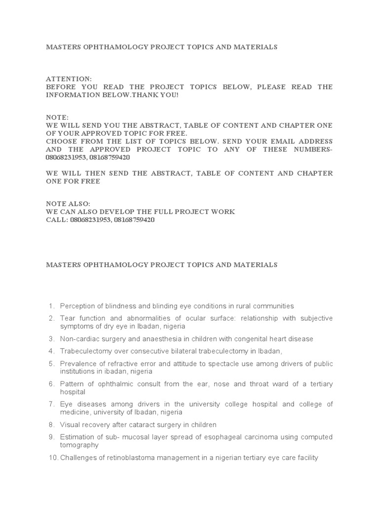 Masters Ophthamology Project Topics and Materials | PDF | Visual ...