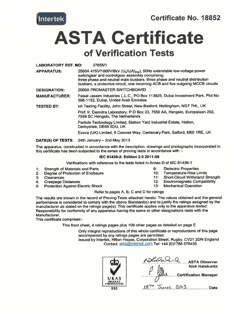 2500a Asta Certificate | PDF