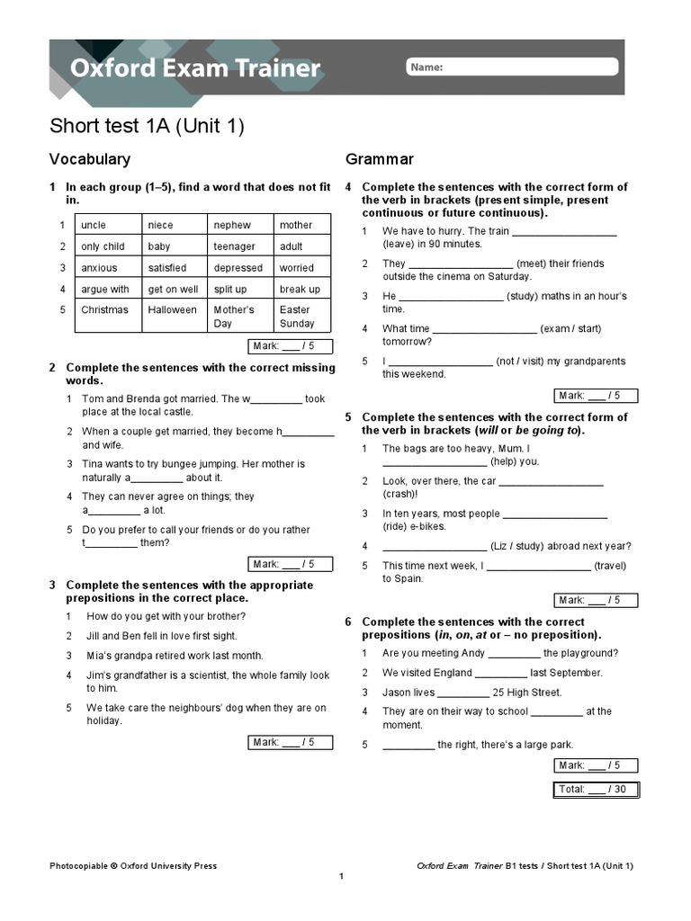 OET B1 Short Test Unit 1 A + B | PDF