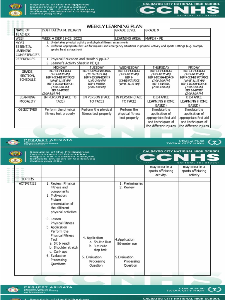 Wlp-Q1-W4-Mapeh 9 (2) (Pe) | PDF | Learning | Cognitive Science