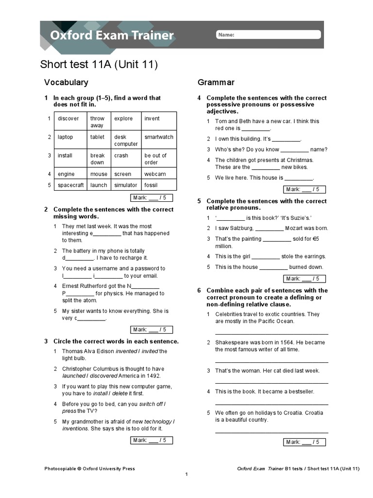 OET B1 Short Test Unit 11 A + B | PDF