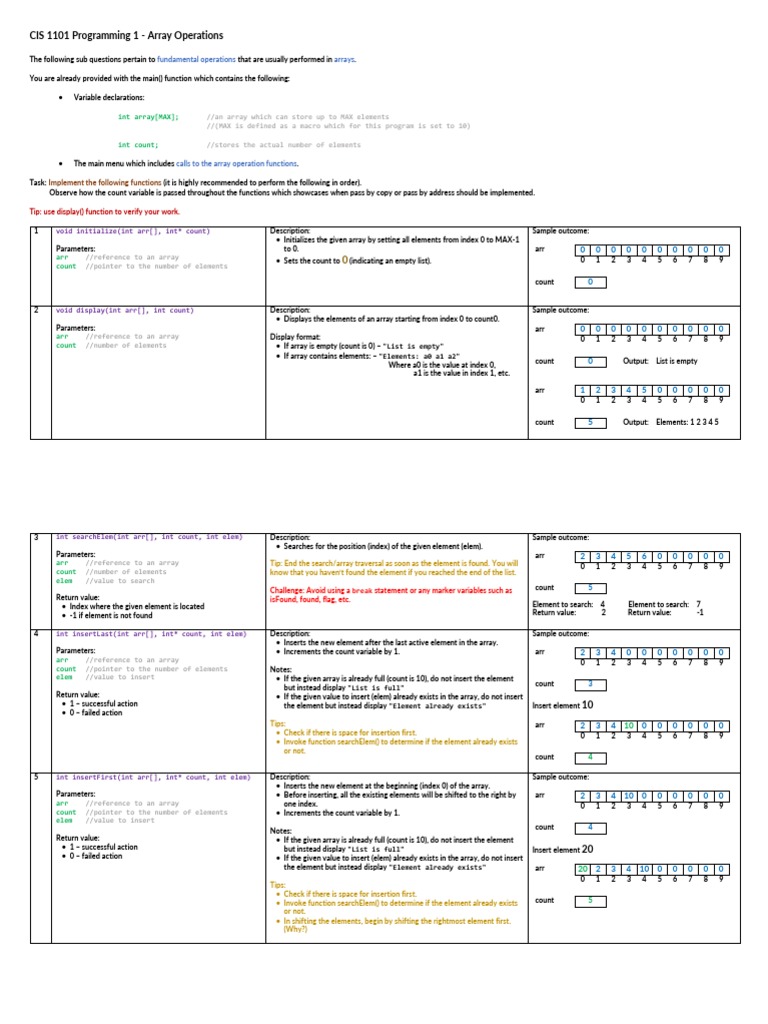 Cis 1101 Array Manipulation Exercise Pdf Array Data Structure Pointer Computer Programming 