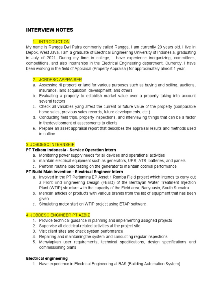 Interview Notes (Eng) | PDF | Real Estate Appraisal | Engineering