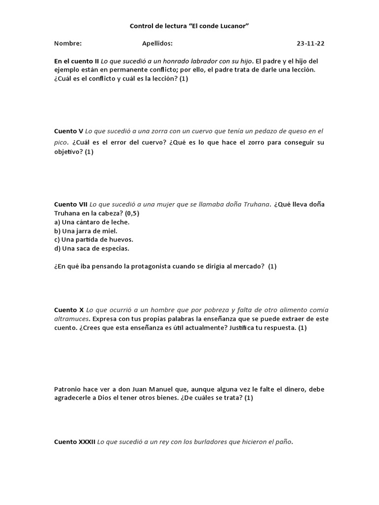 Control de Lectura El Conde Lucanor 3º ESO | PDF