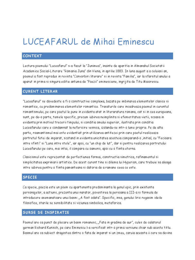 Mihai Eminescu - Luceafarul - Eseu Argumentativ | PDF