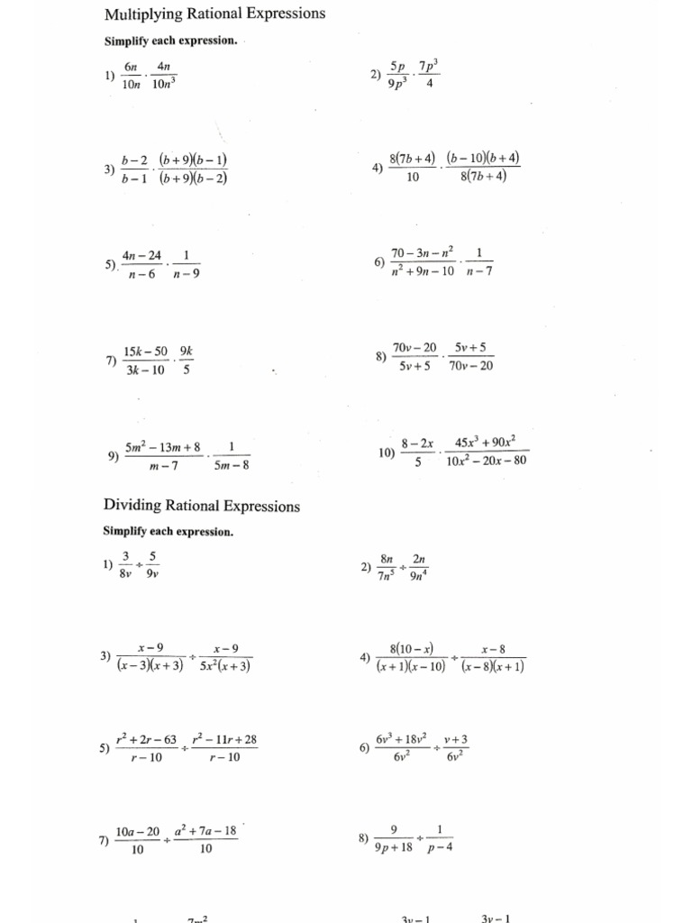 Multiplying and Dividing Rational Expressions Worksheet | PDF