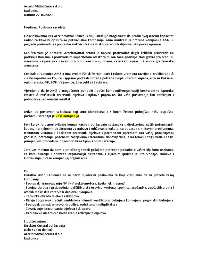 ArcelorMittal Zenica Worksshop - Introduction en - Bos | PDF