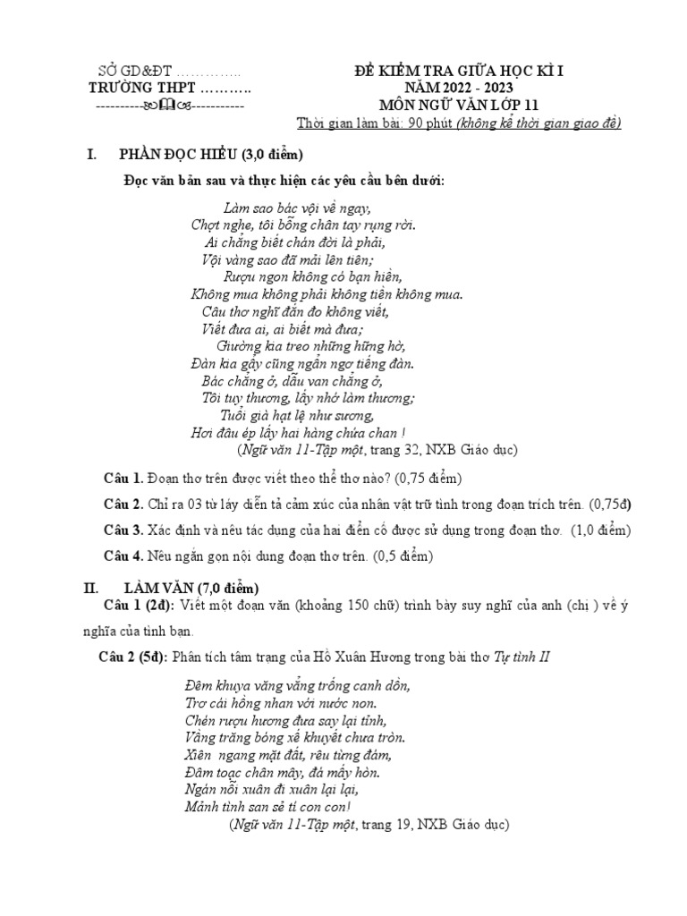 De Thi Giua Ki 1 Van 11 de 1 | PDF