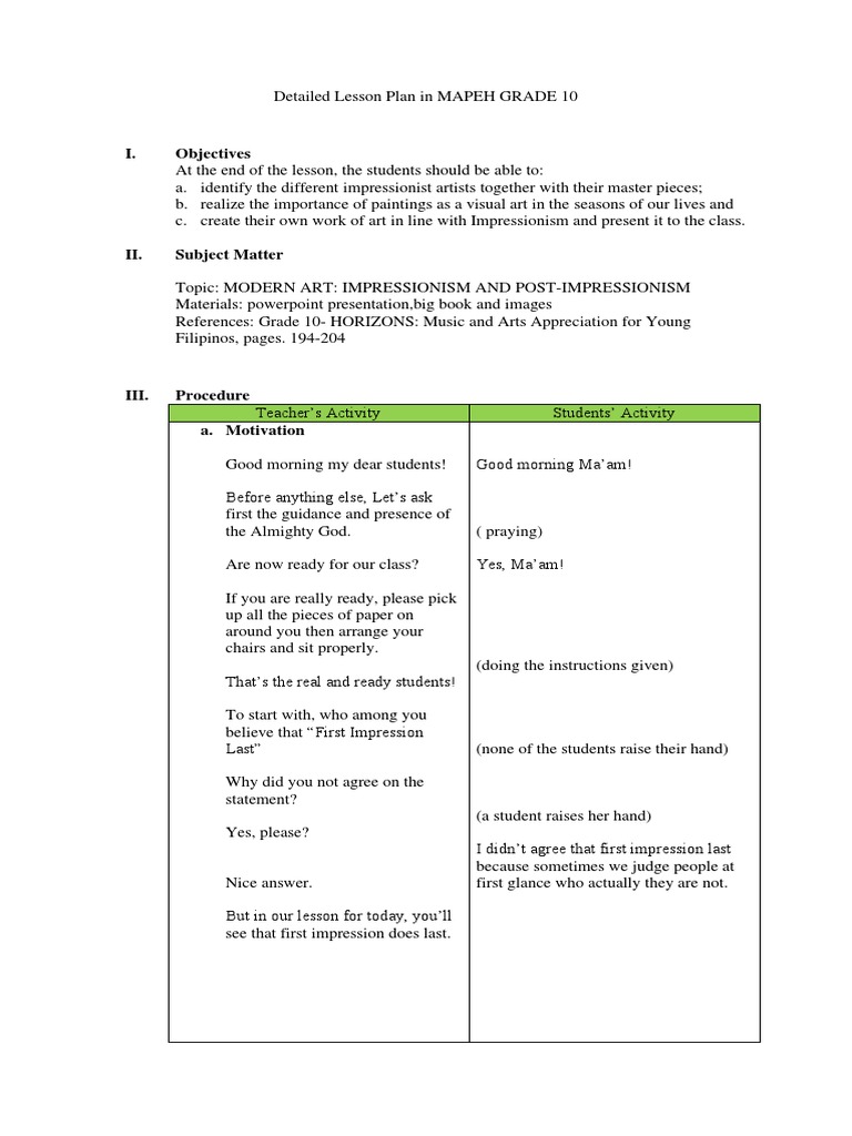 Detailed Lesson Plan in Impressionism (Arts) | PDF | Impressionism ...