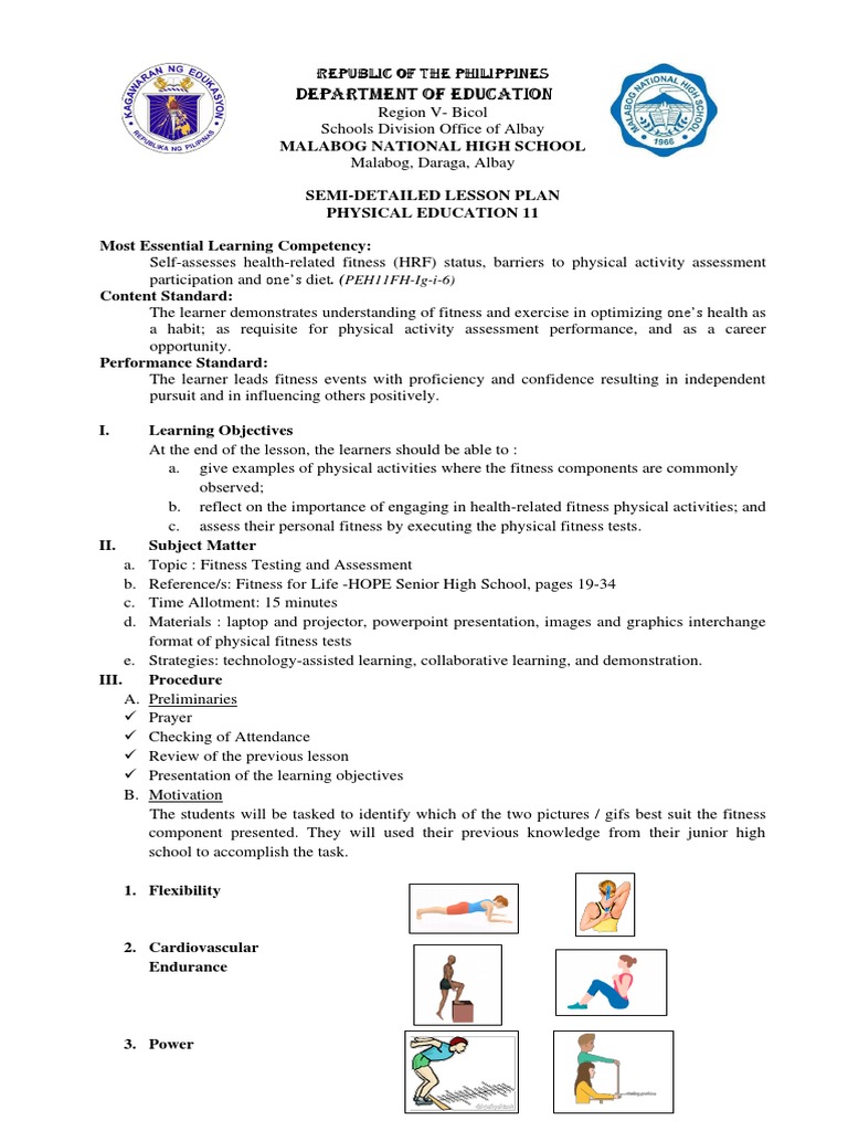 Lesson Plan in Health-Related Components | PDF | Physical Fitness ...