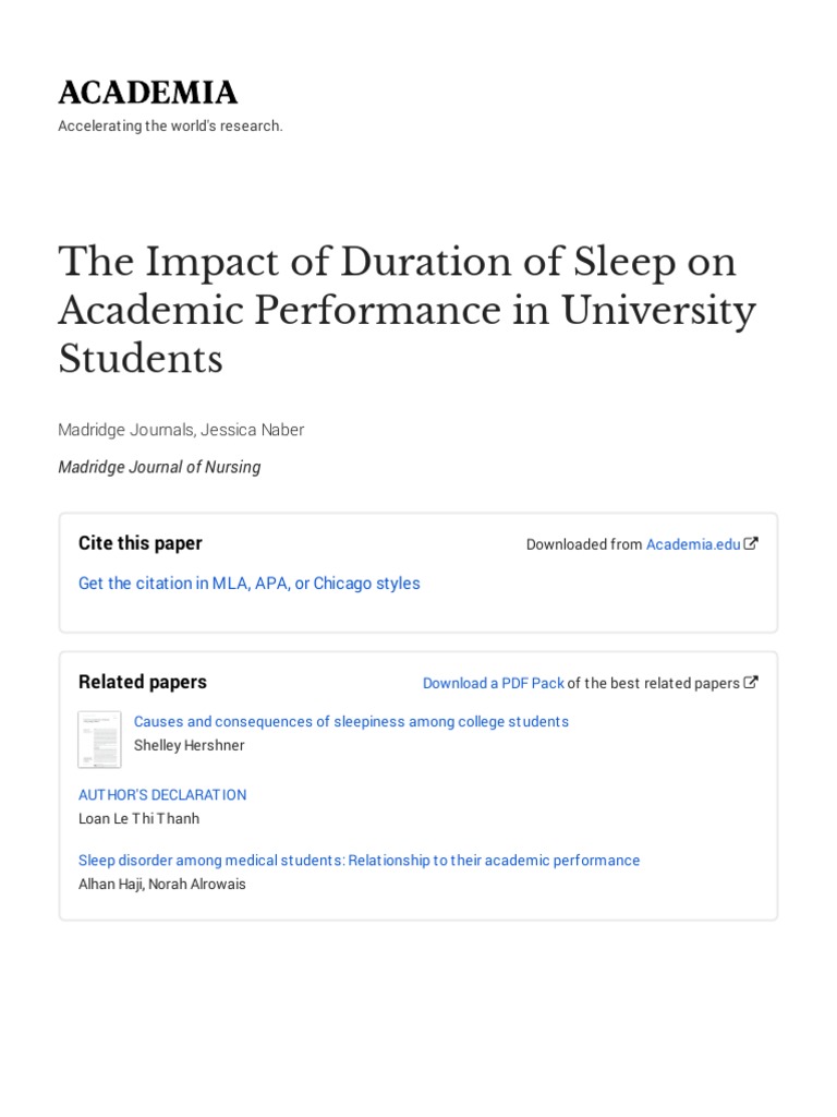The Impact of Duration of Sleep On Academic Performance in University Students | Download Free ...