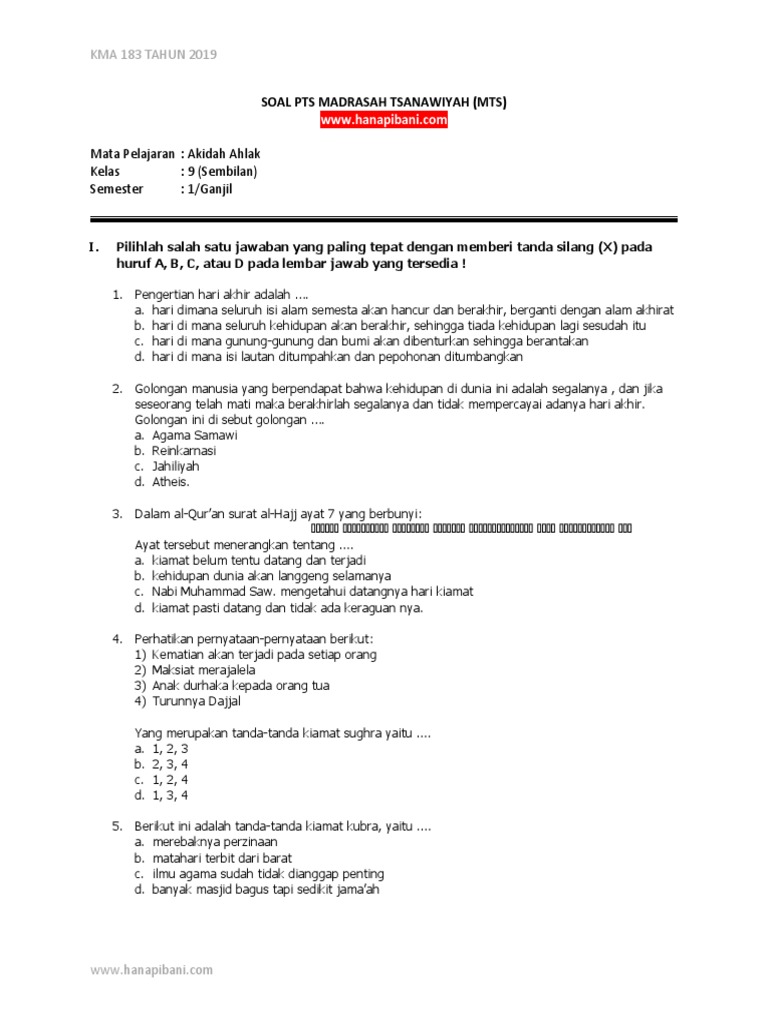 PTS Aa Kelas 9 MTS | PDF