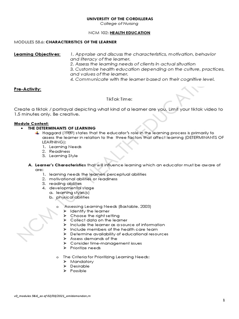 NCM 102 M5&6 Student | PDF | Learning | Literacy