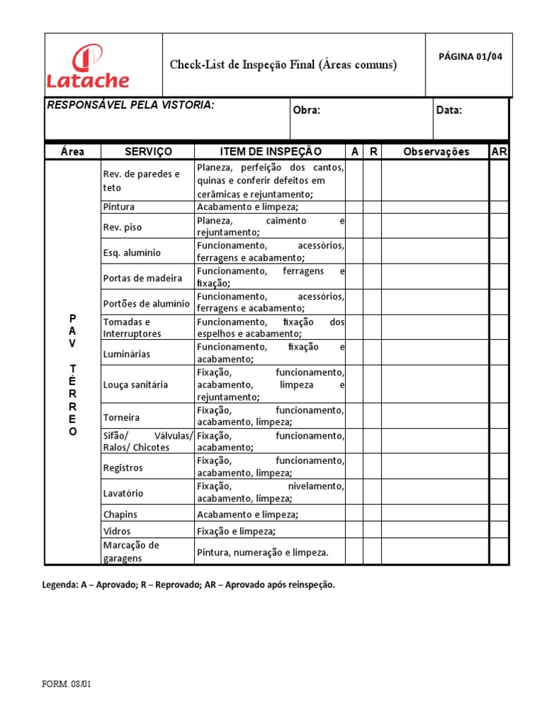 FORM. 08 V01 - Check-List de Inspeção Final (Áreas Comuns) | PDF ...